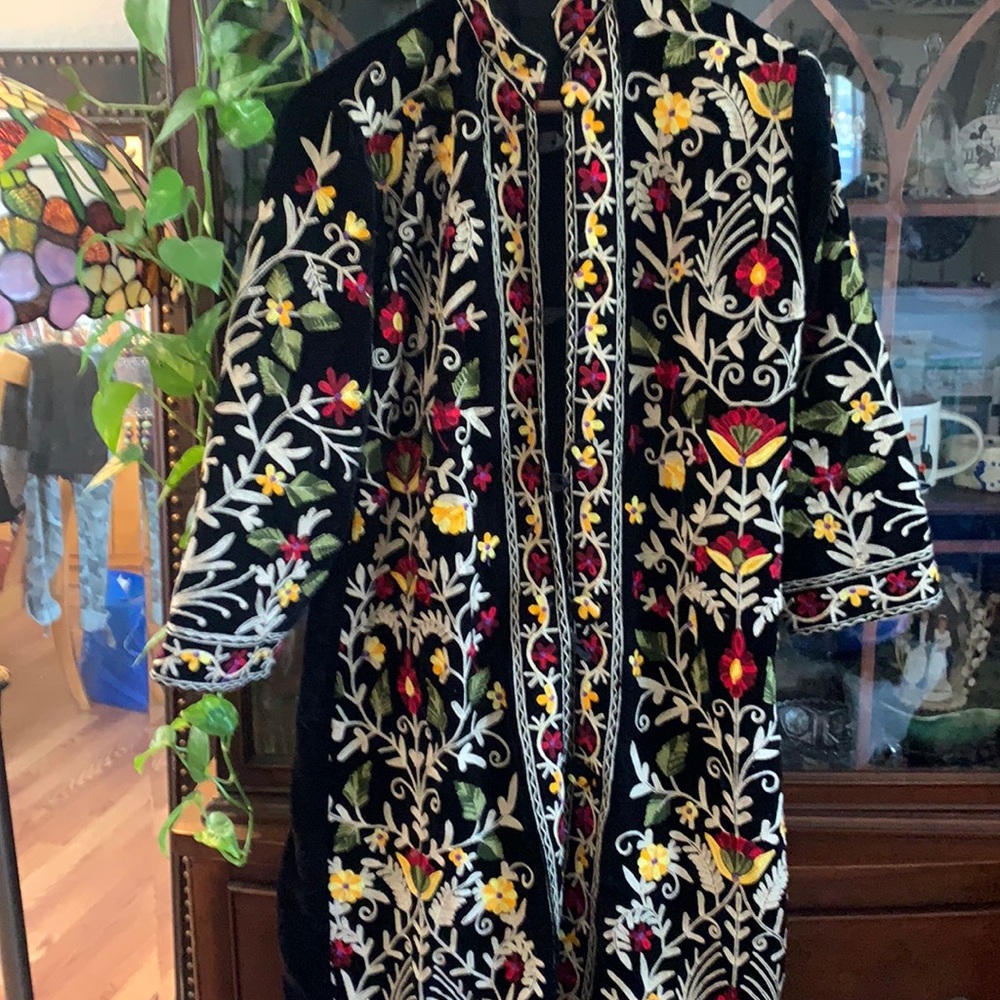 Boho Hippy Long Black Velvet Embroidered Coat - Gem